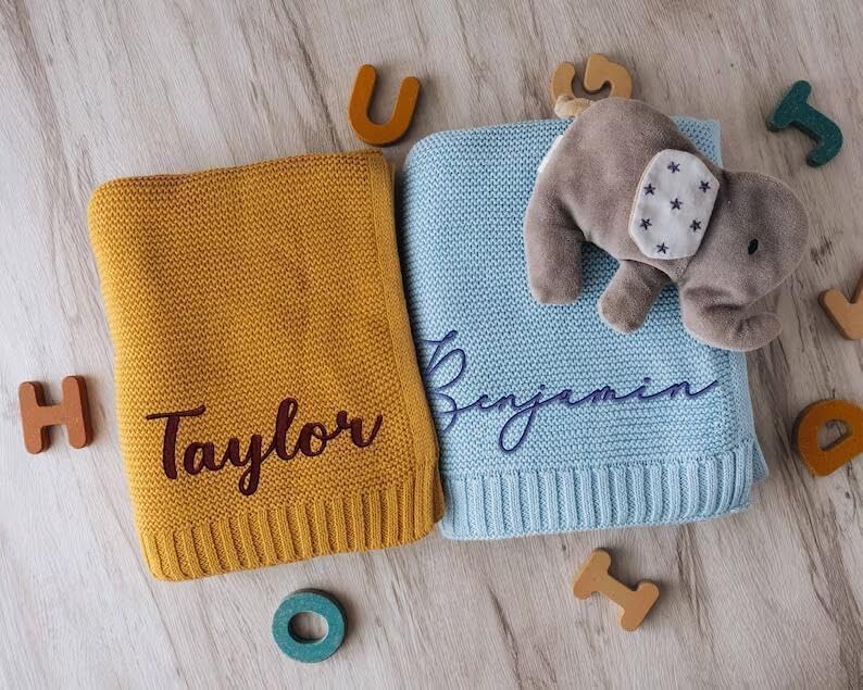 Personalized Girls Knit Embroidered Baby Blankets with Name, Cozy Soft Cotton Stroller Blanket, Custom Knit Embroidered Baby Comforter, Personalized Newborn Essentials Must Haves