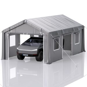 GarveeLife 13 x 20 ft Carport Heavy Duty, Portable Garage with 4 Roll-up Doors, 4 Mesh Windows, 180 g PE Tarps, and 8 x 1.0 mm Poles, for Full-Size Pickups, Bass Boats, and SUVs, Gray