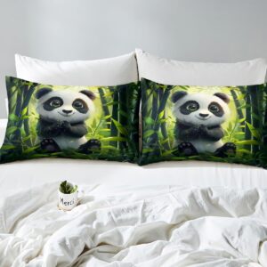 Cute Panda Duvet Cover Queen Size,Green Leaves Comforter Cover with 2 Pillowcase for Teens Adults,Kids Cartoon Panda Bedding Set,Black White Animal Breathable 3 Pcs Decorative Bed Cover(No Comforter)