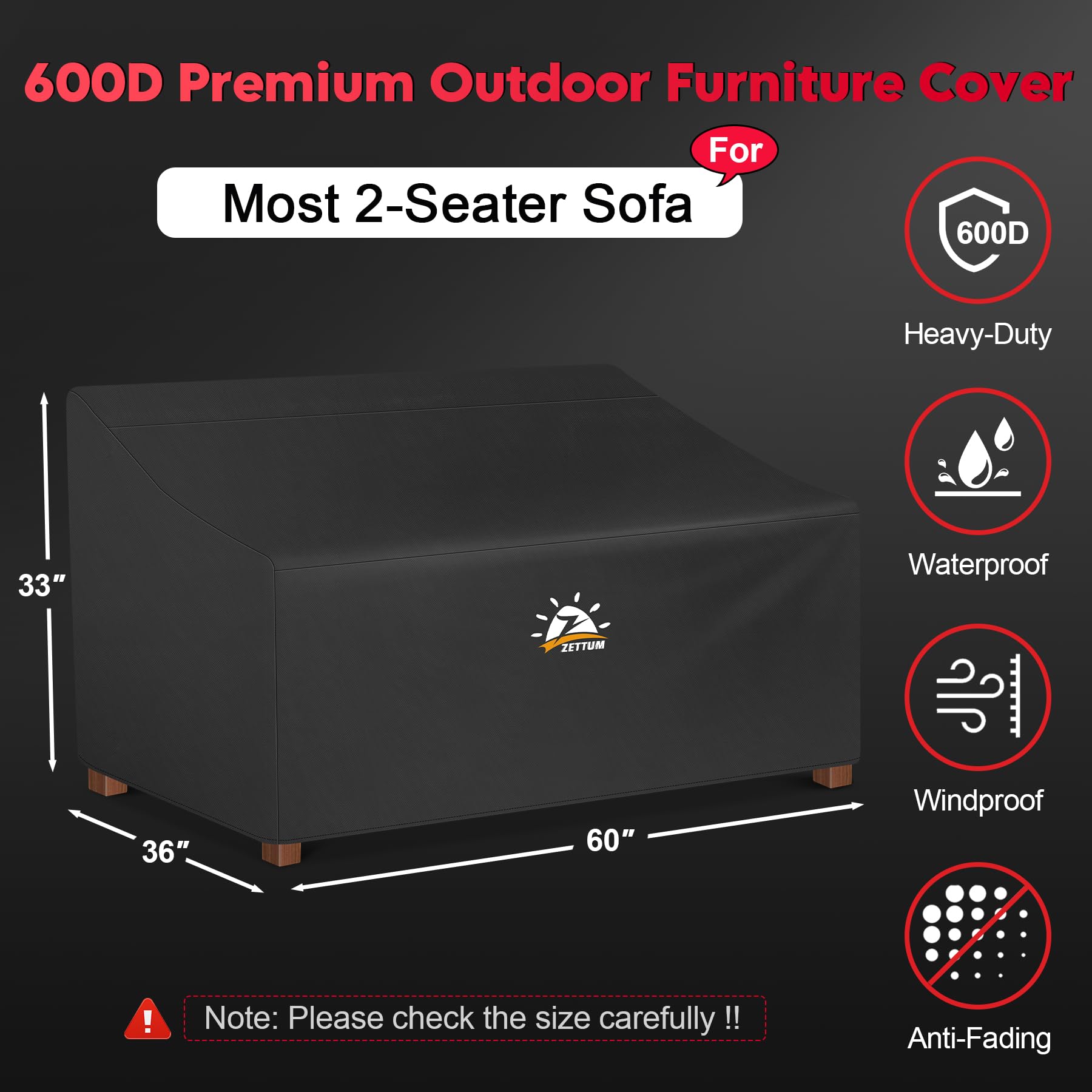 Zettum Patio Loveseat Cover 60 Inch - 600D Outdoor Couch Cover Furniture Sofa Cover Waterproof Heavy Duty, 2-Seater Bench Cover for Outside Sofa, Loveseat, Couch, Bench and Glider - 60 x 36 x 33 Inch