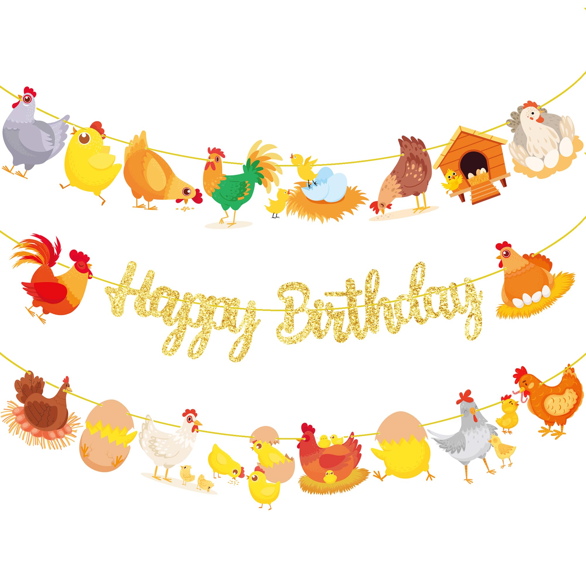 Chicken Birthday Banners 3PCS Chicken Birthday Party Decorations Glitter Gold Chicken Farm Birthday Party Supplies for Chick Backyard Theme Baby Shower Decorations