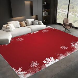 Area Rug for Living Room 4x6 ft Washable Low Pile Rugs Red Snowflakes Christmas Indoor Non Slip Floor Rugs, Ultra Soft Faux Wool Carpet for Bedroom Dining Room Kids Room