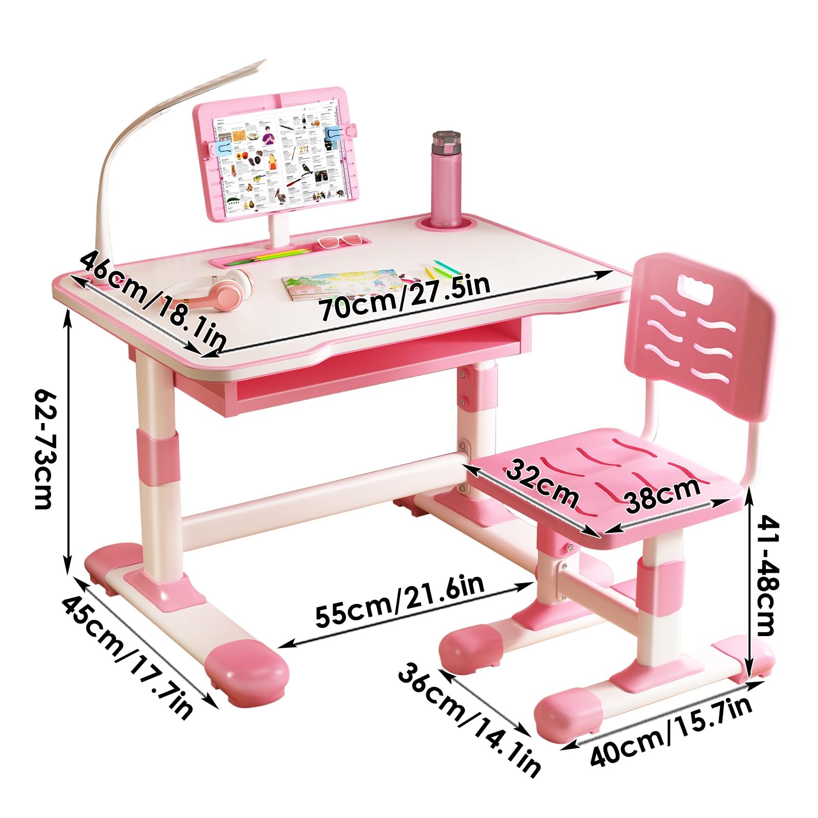 Shulemin Kid Desk and Chair Set Student Desk and Chair Set Study Table for Kids Kids Adjustable Desk Tiltable Desktop Toddlers Writing Table Boys Desk Girl Desk with Extra Large Drawer Pink