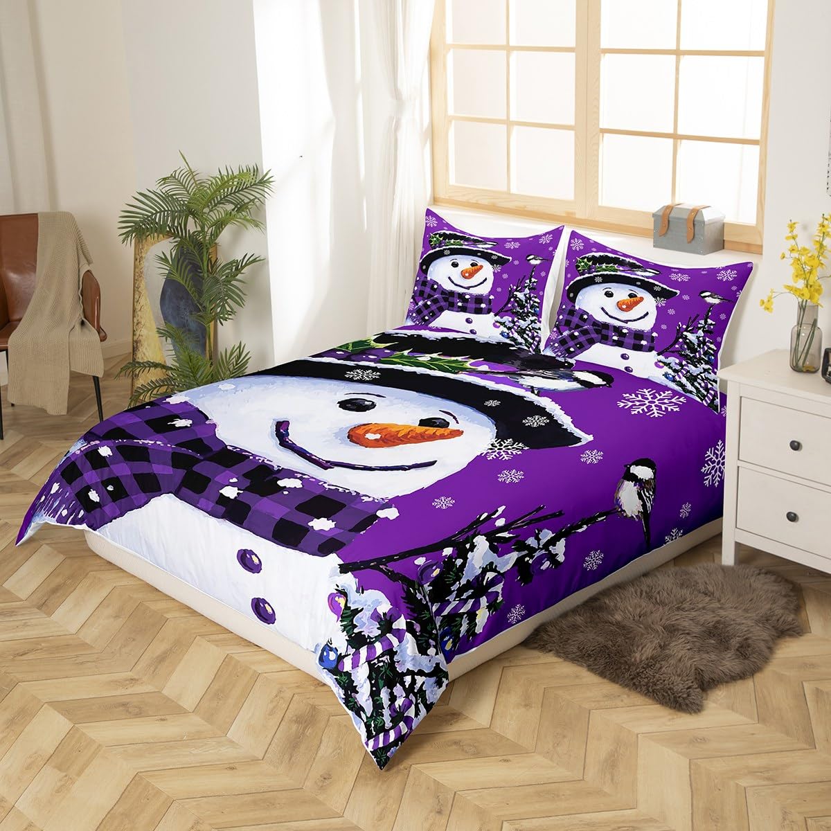 Feelyou Kids Christmas Theme Decorations Bedding Set Xmas Snowman Duvet Cover for Boys Girls Snowflake Kawaii Cute Comforter Cover Set Purple Bedspread Cover Bedroom Collection King Size