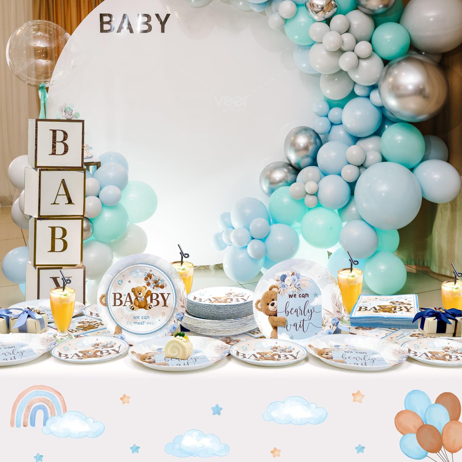 180PCS We Can Bearly Wait Paper Plates and Napkins Tableware Set Serves 60, Blue Bear Baby Shower Decorations Supplies, Includes Dinner Plates, Dessert Plates, Napkins