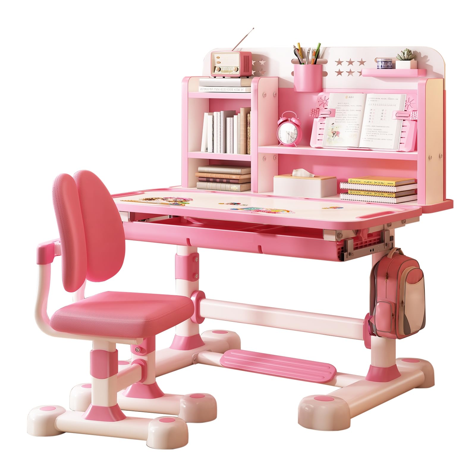 PERZOE Kids Study Desk Chair, Multi Functional Children School Study Table Chair Set with Tilt Desktop Book Stand Storage Drawer,Ergonomic Kids Desk and Chair Set Height Adjustable for Boys Girls Pink