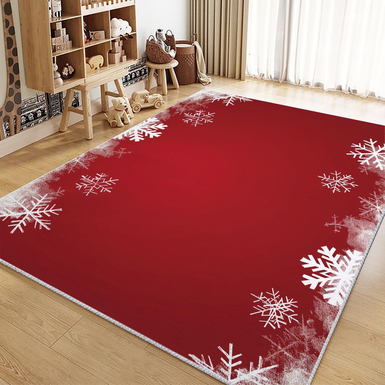 Area Rug for Living Room 4x6 ft Washable Low Pile Rugs Red Snowflakes Christmas Indoor Non Slip Floor Rugs, Ultra Soft Faux Wool Carpet for Bedroom Dining Room Kids Room