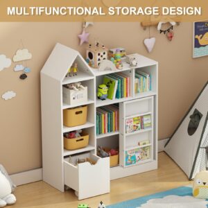 MilleLoom 47'' Kids Toy Storage Organizer & Bookshelf, Floor Storage Cabinet Toy Chest with Movable Drawers, Bookshelf with Storage Cubbies Toy Box, for Playroom, Bedroom, Classroom, Library, White