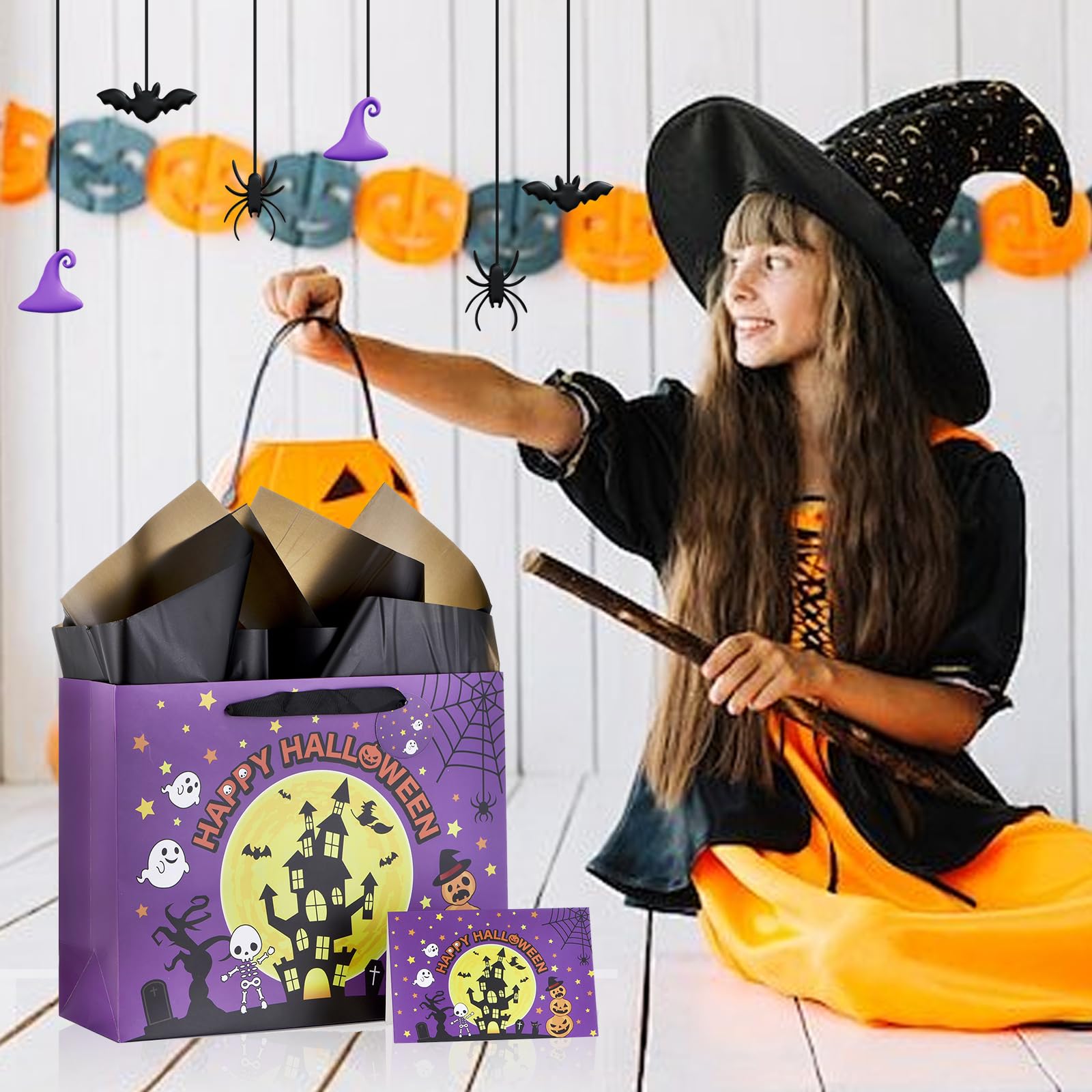 JEWOU Purple Halloween Party Gift Bag Halloween Birthday Gift Bag with Tissue Paper and Card Halloween Night Pumpkin Cat Ghost Wrapping Bat-Themed Favor Bag Halloween Wrapping Paper for Trick or Treat