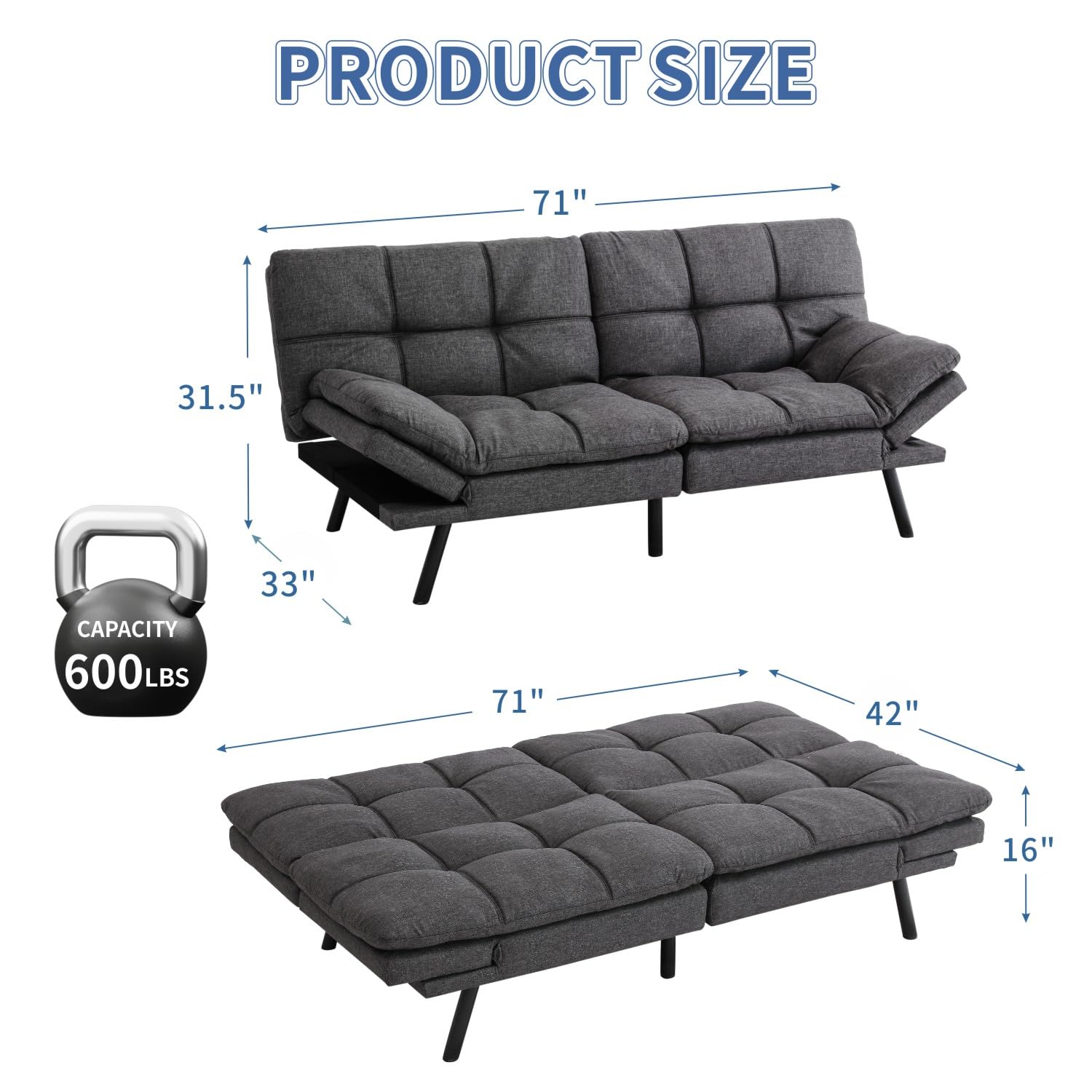 MUUEGM Convertible Futon Sofa Bed, 71" Comfy Loveseat Sleeper Sofa with Adjustable Backrest Armrest, Strengthen Wood, Thick Padded Cushion, Small 2 Seater Futon Couch for Bedroom, Living Room