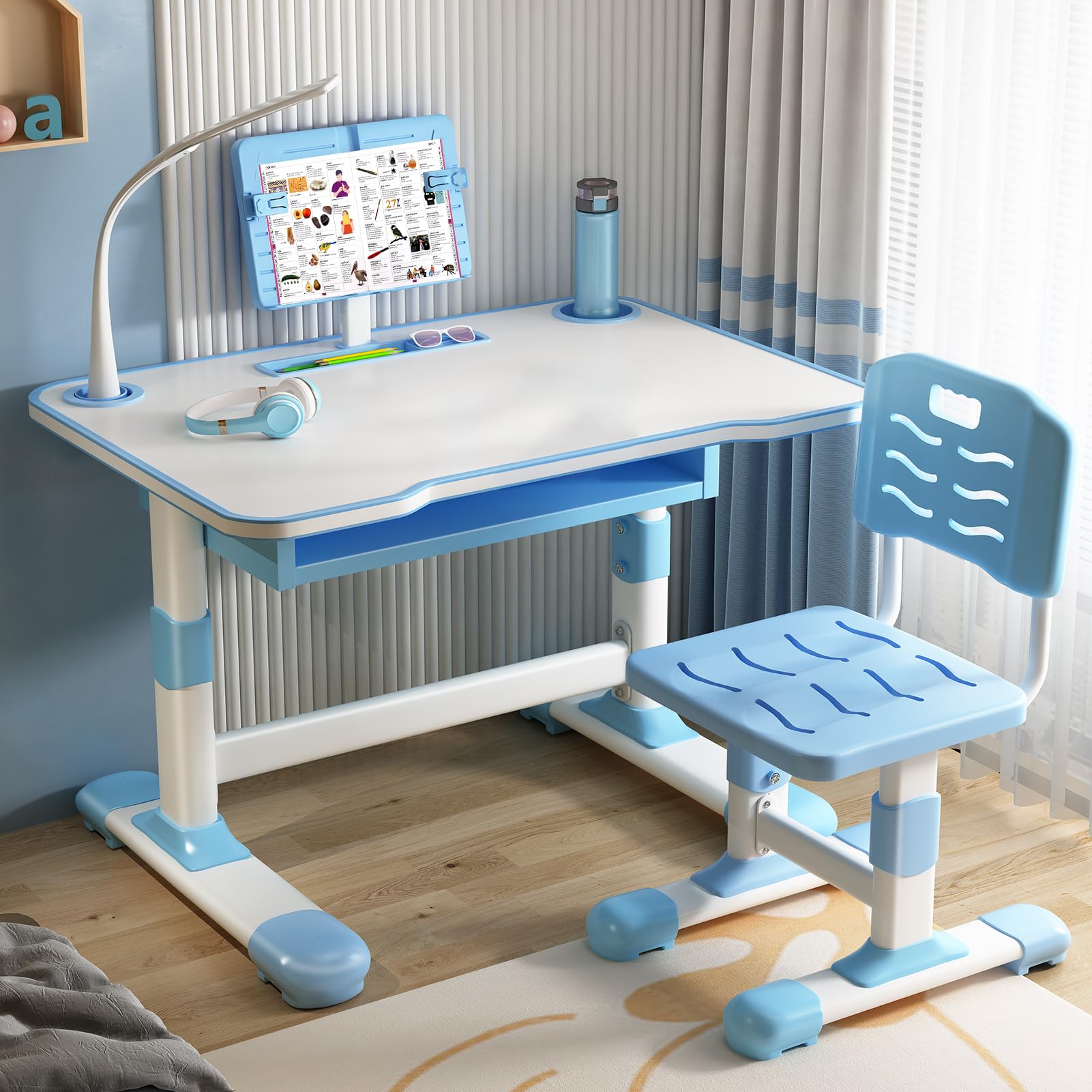 Honrane Kids Study Desk and Chair Set, Height Adjustable Tiltable Kids School Desk, Cartoon Learning Desks, Kids Desk, Children Study Table with Extra Large Drawer Blue