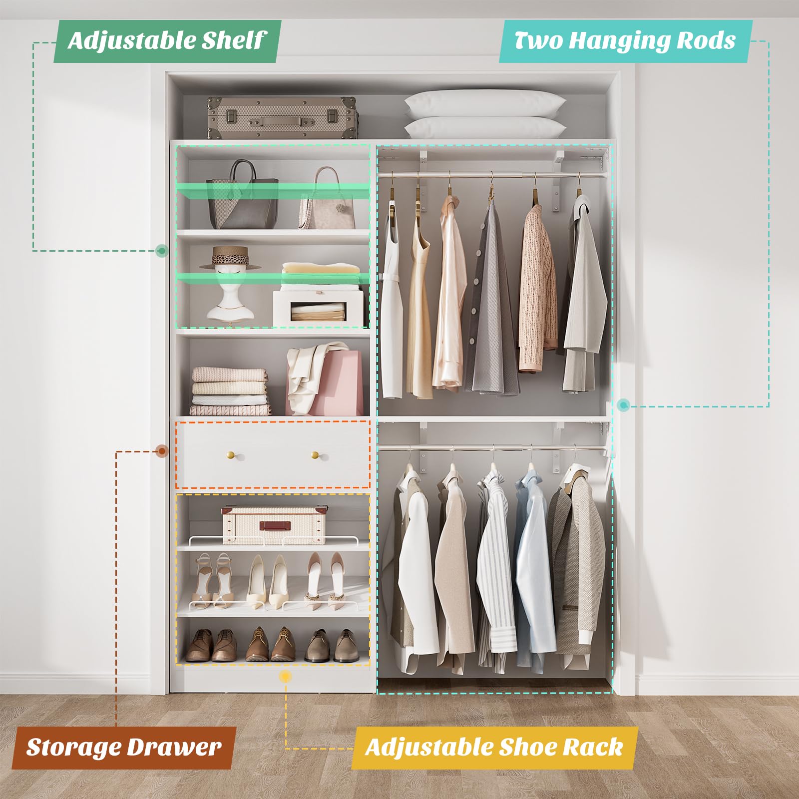 Closet System with Drawer - Reversible 5FT Wood Closet Organizer System with 2 Hanging Rods and Adjustable Shelf, Walk In Closet Organizers with Shoe Rack, Built-In Garment Rack Clothes Rack, White