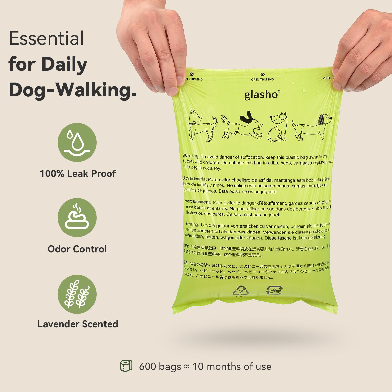 glasho Poop Bags for Dogs (600 Count, 30 Rolls) Lavender Scented Leak Proof Dog Waste Bags, 13 x 9 Inch Strong Doggie Cat Waste Bags with Dispenser, Green/Bulk