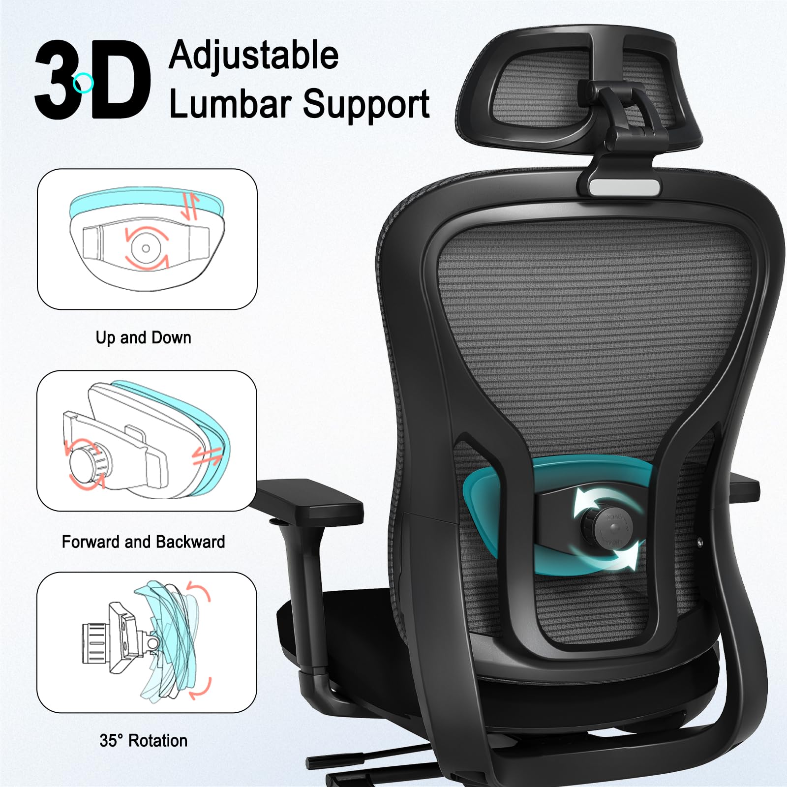 Ergonomic Office Chair, Big and Tall Office Chair with Tilt Function, mesh Office Chair with 3D Lumbar Support, 3D Bi-axial Headrest, 4D Adjustable Armrests, Seat Depth Adjustable Computer Chair