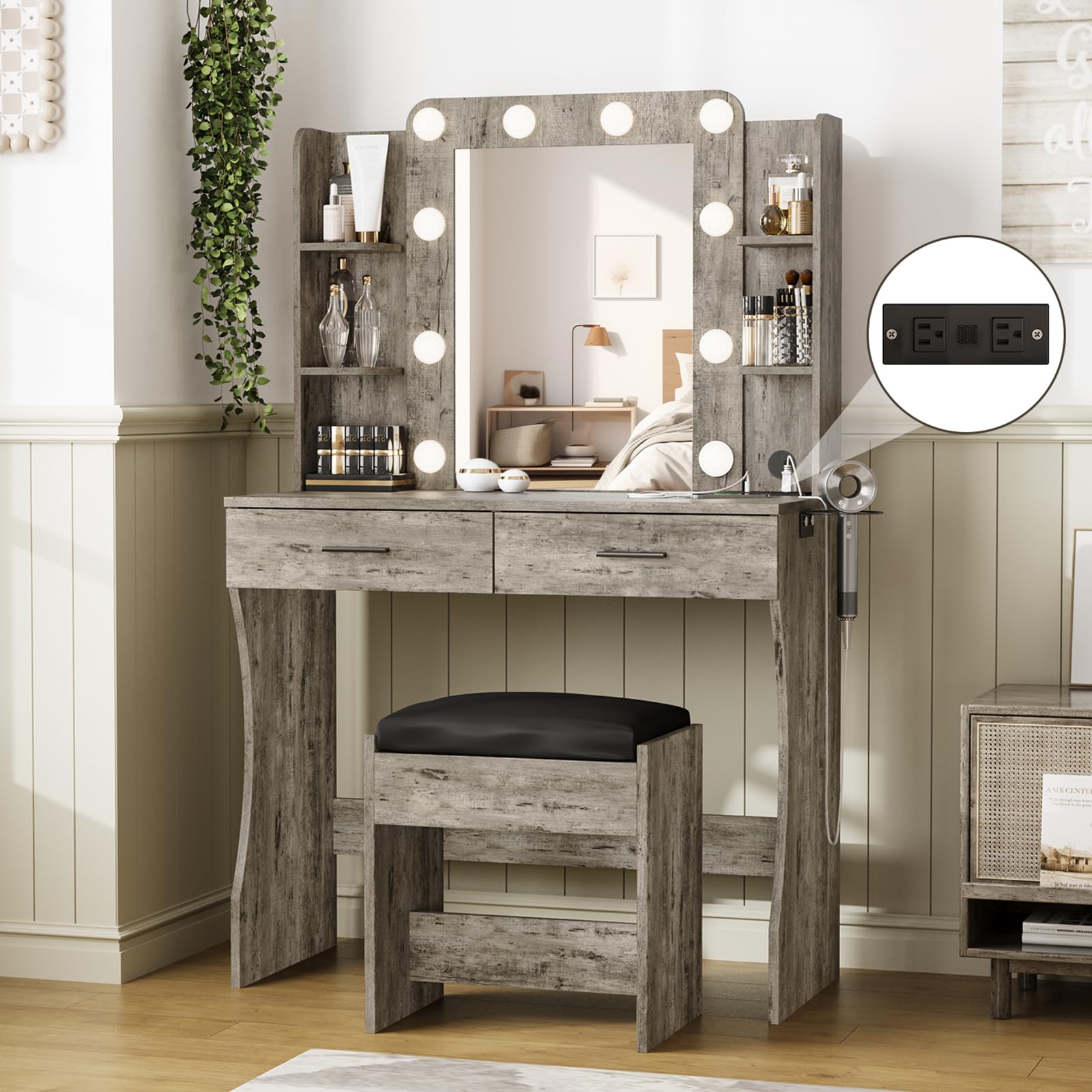 Maupvit Vanity Desk with Mirror and Lights,Makeup Vanity Table Set with Power Outlet,3 Lighting Modes & Adjustable Brightness Dressing Table with 2 Drawers for Bedroom Dressing Room,Light Oak Grey