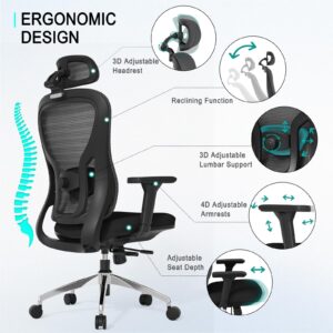 Ergonomic Office Chair, Big and Tall Office Chair with Tilt Function, mesh Office Chair with 3D Lumbar Support, 3D Bi-axial Headrest, 4D Adjustable Armrests, Seat Depth Adjustable Computer Chair