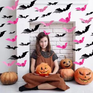 48 pcs halloween wall decor 3d bats wall decals removable rose pink black designs diy halloween decorations stereo bats wall stickers for halloween party indoor home kitchen bedroom decorations