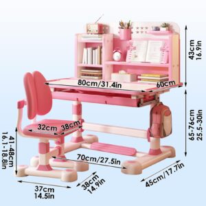 PERZOE Kids Study Desk Chair, Multi Functional Children School Study Table Chair Set with Tilt Desktop Book Stand Storage Drawer,Ergonomic Kids Desk and Chair Set Height Adjustable for Boys Girls Pink