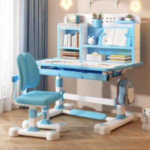 shulemin kid desk and chair set student desk and chair set height adjustable children school study table chair set with sitting corrector, ergonomic desk chair with book stand, foot pedal blue