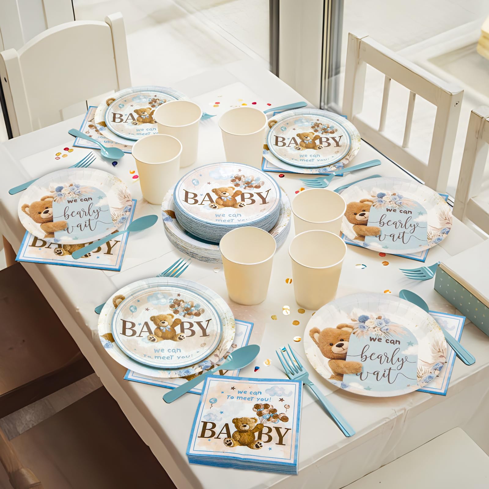 180PCS We Can Bearly Wait Paper Plates and Napkins Tableware Set Serves 60, Blue Bear Baby Shower Decorations Supplies, Includes Dinner Plates, Dessert Plates, Napkins