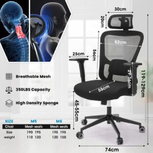 balmstar Ergonomic Office Mesh Chair, High Back Swivel Comfty Desk Chairs- 3D Armrest Adjustable Lumbar Support Capacity 400lbs and Headrest Wide for Home & Office, Bedroom (Black)