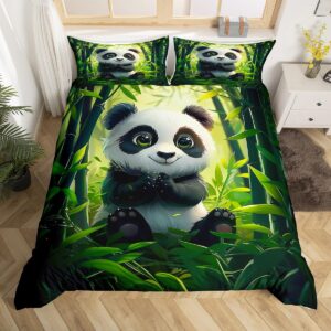 cute panda duvet cover queen size,green leaves comforter cover with 2 pillowcase for teens adults,kids cartoon panda bedding set,black white animal breathable 3 pcs decorative bed cover(no comforter)