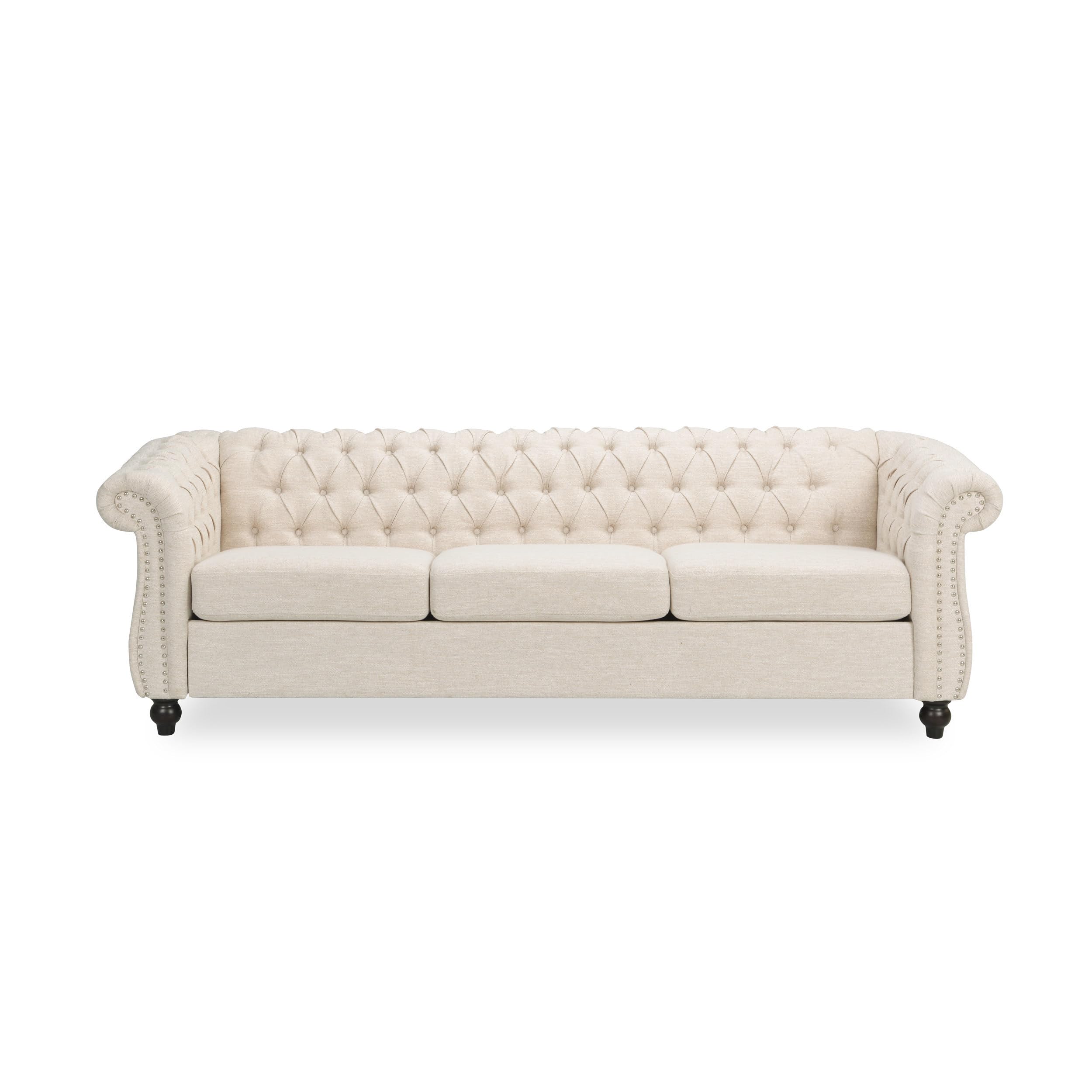 KEIKI 84" Sofa Couch 3-Seater with Button-Tufted Fabric,Mid Century Modern Design Chesterfield Style, Beige