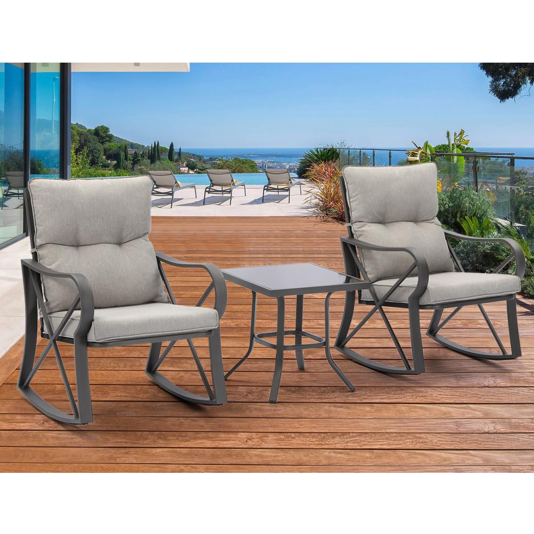 SUNBURY Outdoor 3-Piece Rocking Bistro Set, Modern Patio Furniture Set w Warm Gray Cushion, Glass Coffee Table, Small Rocker Conversation Set Patio Table and Chairs Set for Garden, Backyard