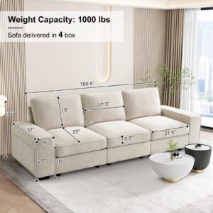 100.5" Modular Sectional Sofa with Seat Storage,Modern Chenille Couch 3 Seater Sofas for Living Room,Extra Wide Armrest,Side Pockets,Washable Sofa Cover and Solid Wood Frame, Easy to Install(Beige)