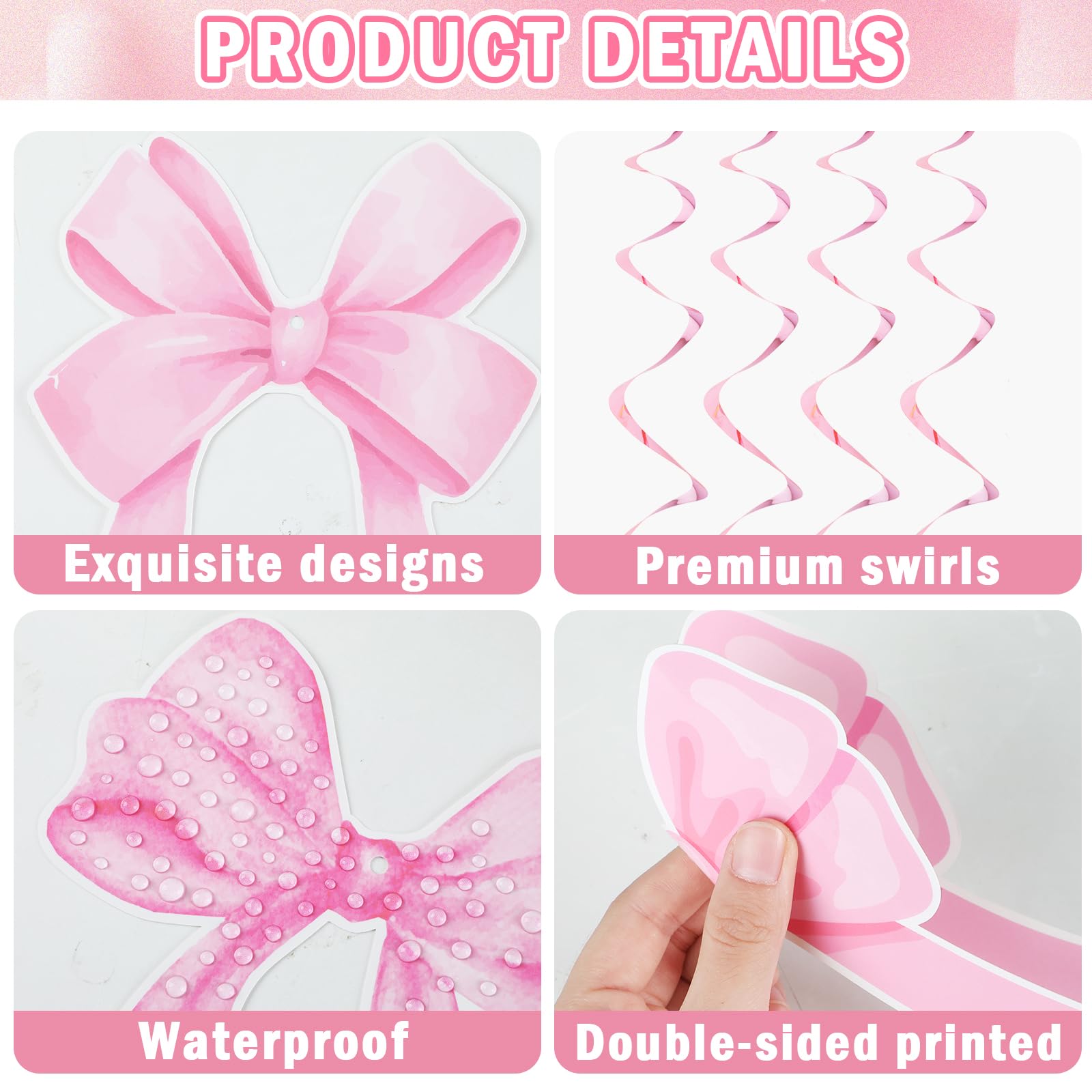 39PCS Pink Bow Birthday Party Decorations Set Girl Bow Banner Hanging Swirls and Honeycomb Centerpieces Pink Bow Banner for Girl Bachelorette Bridal Engagement Baby Shower Coquette Cute Party Supplies