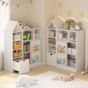 MilleLoom 47'' Kids Toy Storage Organizer & Bookshelf, Floor Storage Cabinet Toy Chest with Movable Drawers, Bookshelf with Storage Cubbies Toy Box, for Playroom, Bedroom, Classroom, Library, White