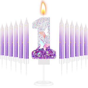 amylove purple butterfly number 1 birthday candle for cake with 6 long thin cupcake candles girls sparkling candles sequin glitter purple candle for women girl anniversary wedding