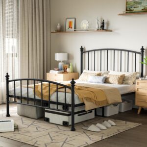 Queen Size Metal Platform Bed Frame, Victorian Wrought Iron-Art Design, Classic Black, Mattress Foundation with Headboard & Footboard, Under Bed Storage, No Box Spring Needed, Black