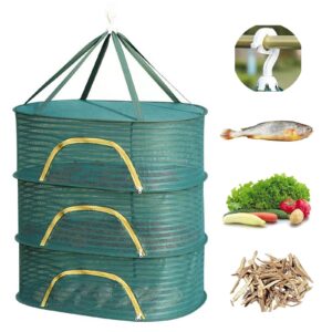 hanging drying net herb drying rack foldable fish mesh rack net 19.7"x27.6"x25.5" large 3 layer collapsible dry net with zippers for drying fish plants vegetables fruit herb flowers clothes (green)