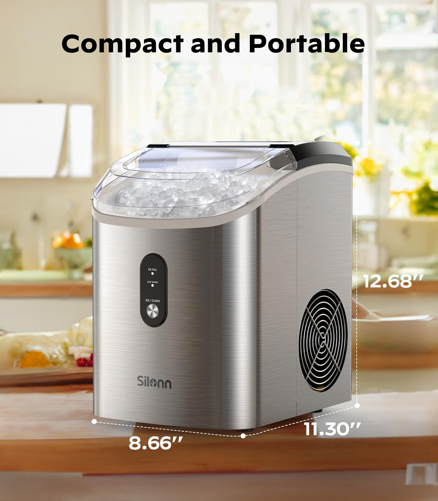 Nugget Ice Maker Countertop, Silonn Chewable Pellet Ice Machine with Self-Cleanin Function, 33lbs/24H Portable Ice Makers for Home Kitchen Officce, Stainless Steel