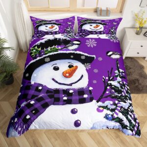 Feelyou Kids Christmas Theme Decorations Bedding Set Xmas Snowman Duvet Cover for Boys Girls Snowflake Kawaii Cute Comforter Cover Set Purple Bedspread Cover Bedroom Collection King Size