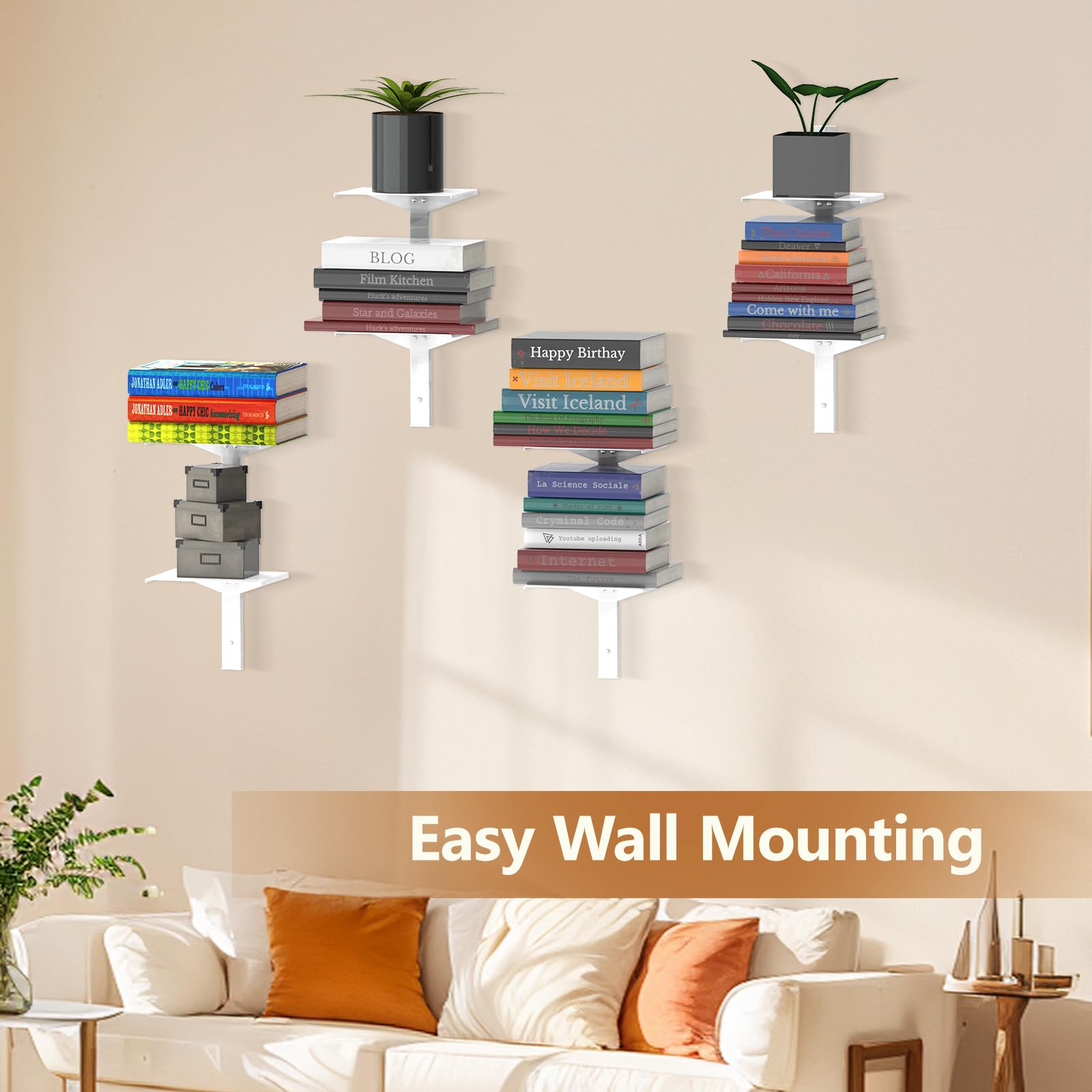 MQKIWAO Invisible Floating Bookshelf for Wall Mounted, 3 Pack White Spine Book Tower, 6 Tier Vertical Book Organizers, Heavy Duty Metal Bookshelf for Home, Office, Bedroom, Kids Room