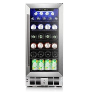 antarctic star 15 cans beverage refrigerator cooler, 2.9 cu.ft wine cooler with safty lock, low noise, transparent glass door with stainless steel handle, for home/office/bar, 15 inch