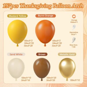 157pcs Thanksgiving Balloon Arch Fall Balloon Arch Kit with Mustard Yellow Burnt Orange Balloons Different Sizes for Harvest Baby Shower Friendsgiving Fall Birthday Party Turkey Decorations