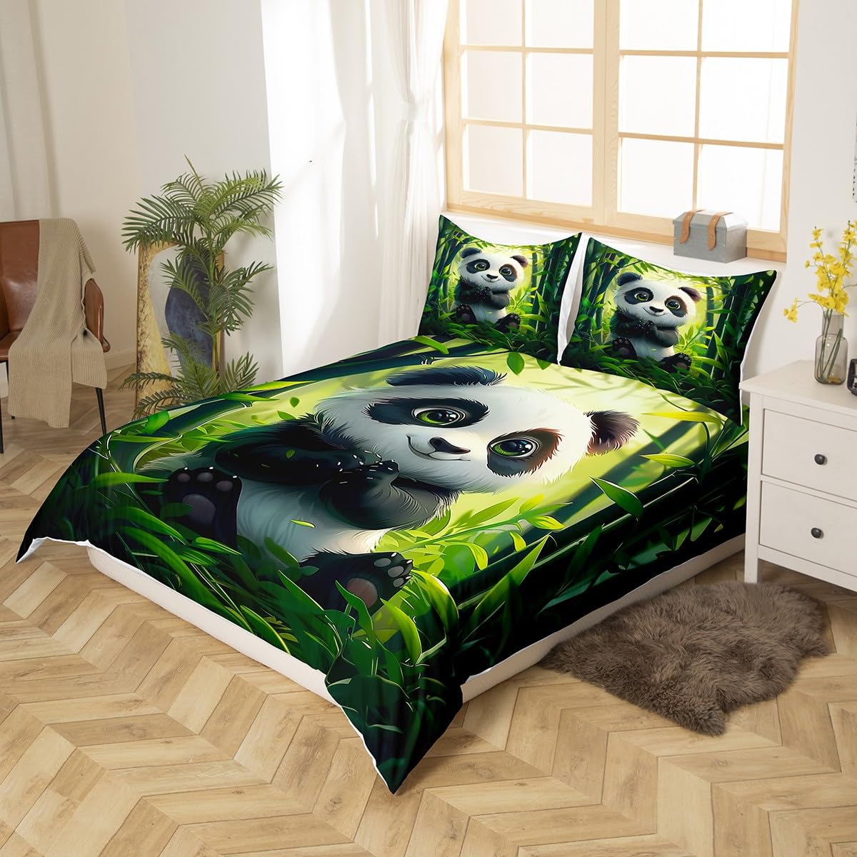 Cute Panda Duvet Cover Queen Size,Green Leaves Comforter Cover with 2 Pillowcase for Teens Adults,Kids Cartoon Panda Bedding Set,Black White Animal Breathable 3 Pcs Decorative Bed Cover(No Comforter)