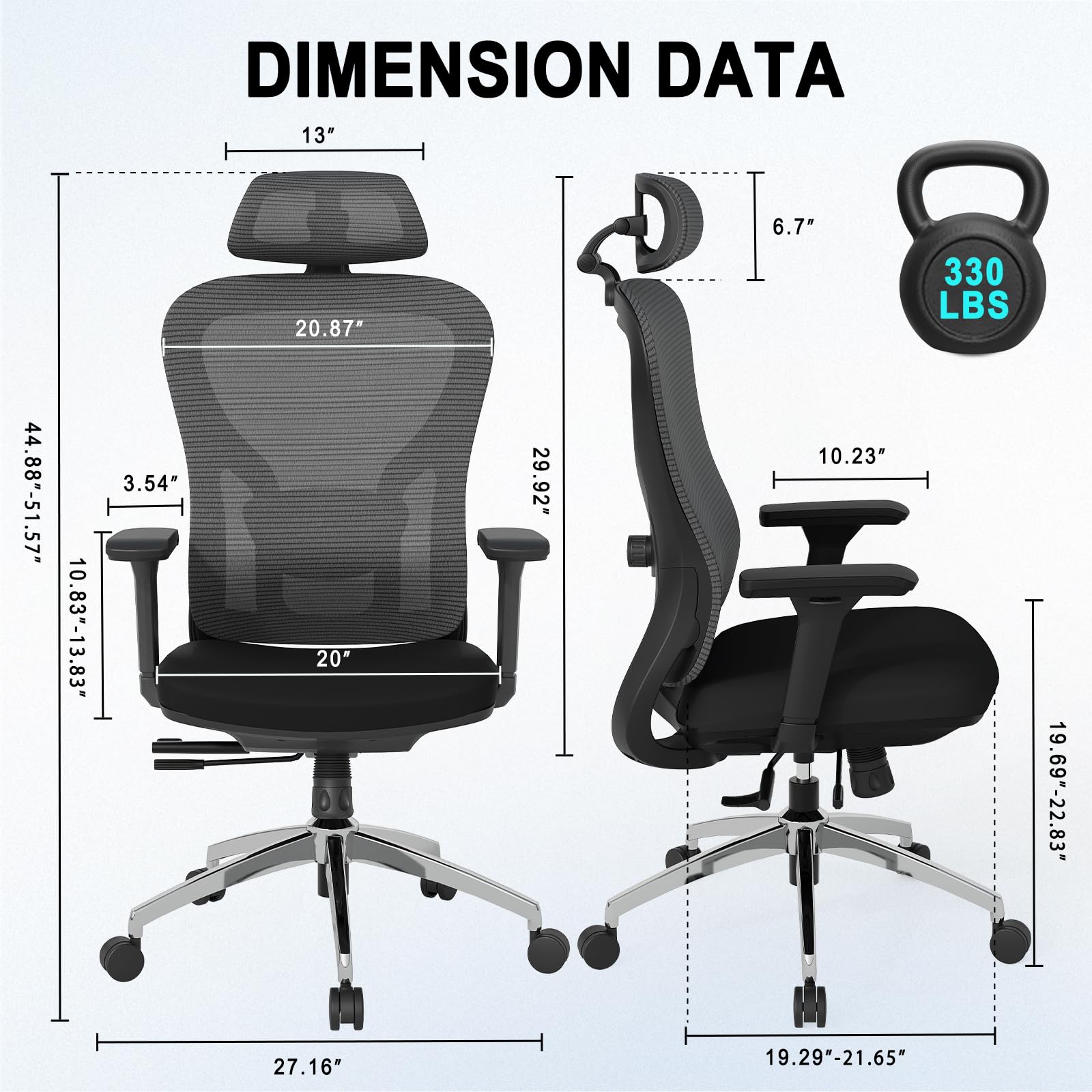 Ergonomic Office Chair, Big and Tall Office Chair with Tilt Function, mesh Office Chair with 3D Lumbar Support, 3D Bi-axial Headrest, 4D Adjustable Armrests, Seat Depth Adjustable Computer Chair