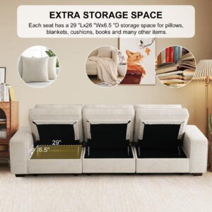 100.5" Modular Sectional Sofa with Seat Storage,Modern Chenille Couch 3 Seater Sofas for Living Room,Extra Wide Armrest,Side Pockets,Washable Sofa Cover and Solid Wood Frame, Easy to Install(Beige)