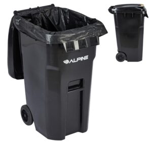 alpine 64 gallon trash can with wheels - large heavy duty outdoor trash can with lid, rolling trash can outdoor, outside wheeled garbage can for residential and commercial use (black)