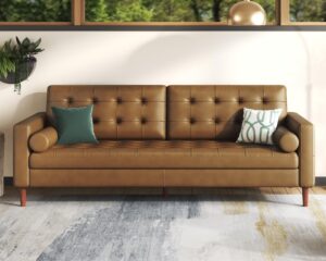 amerlife genuine leather sofa, mid-century modern leather couch,3 seater with tufted back, comfy sofa for living room-brown full grain leather couch