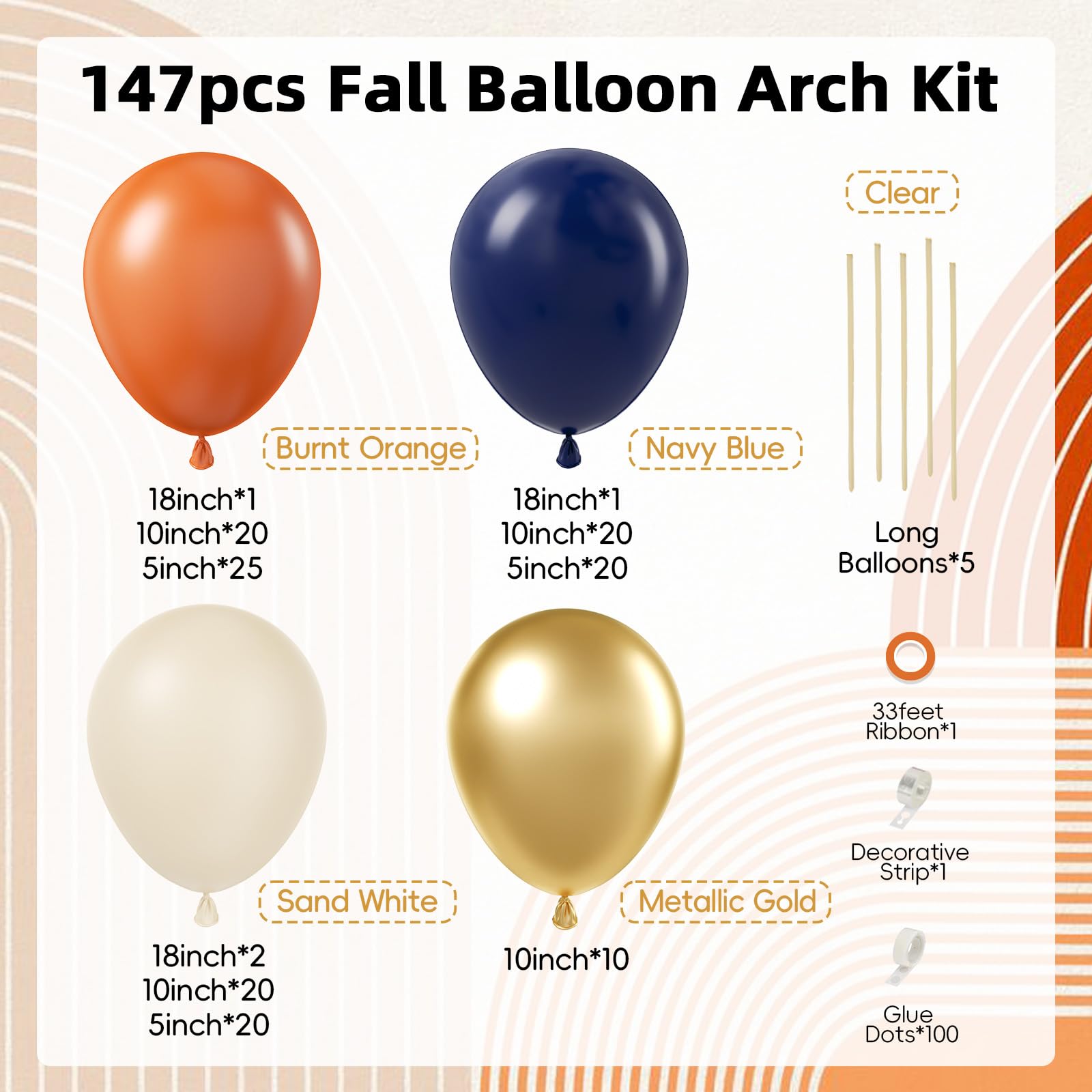 147pcs Fall Balloon Arch Kit Thanksgiving Balloon Arch with Navy Blue Burnt Orange Balloons for Thanksgiving Baby Shower Wedding Fall Graduation Birthday Party Decorations