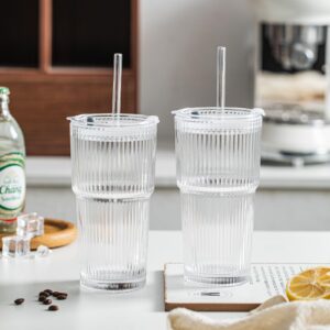 INSETLAN 20 oz Ribbed Glass Tumblers with Lids and Glass Straws – 4-Piece Glassware Set, Thickened Glass, Ideal for Iced Coffee, Smoothies, Cocktails, and Juices – Elegant and Durable Drinkware