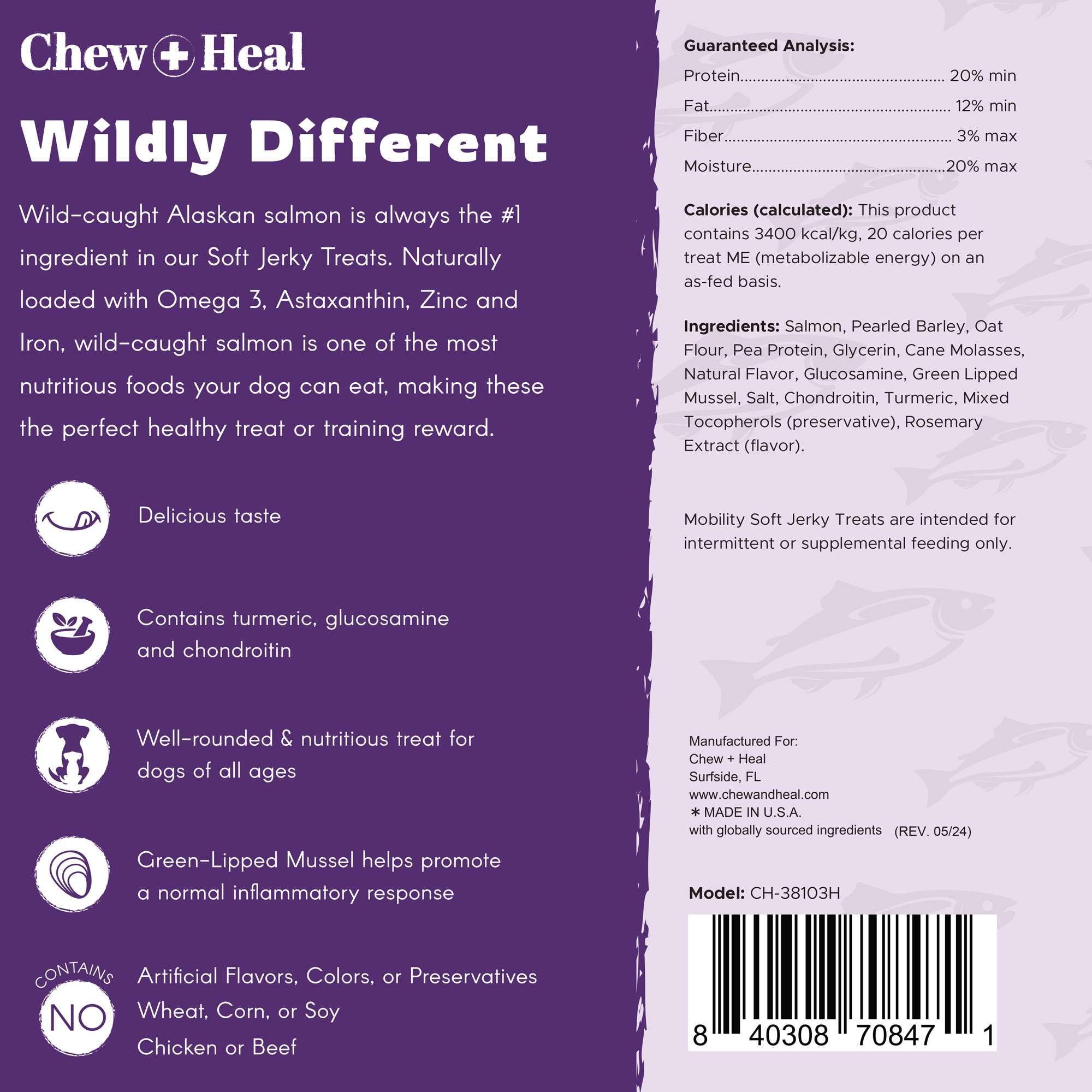 Chew + Heal Labs Dog Salmon Jerky Treats for Hip and Joint - 12 oz of Mobility Soft Dog Jerky Treats - Made with Alaskan Salmon, Turmeric, Glucosamine, Chondroitin, Green Lipped Mussel, and More