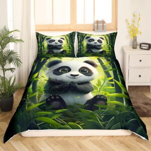 Cute Panda Duvet Cover Queen Size,Green Leaves Comforter Cover with 2 Pillowcase for Teens Adults,Kids Cartoon Panda Bedding Set,Black White Animal Breathable 3 Pcs Decorative Bed Cover(No Comforter)