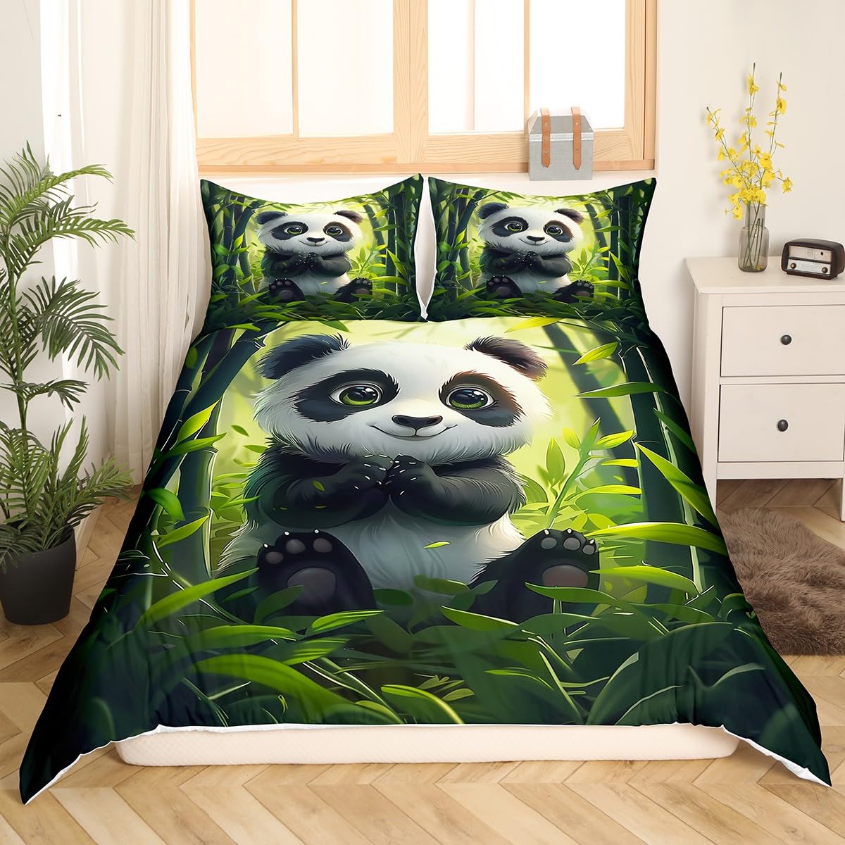 Cute Panda Duvet Cover Queen Size,Green Leaves Comforter Cover with 2 Pillowcase for Teens Adults,Kids Cartoon Panda Bedding Set,Black White Animal Breathable 3 Pcs Decorative Bed Cover(No Comforter)