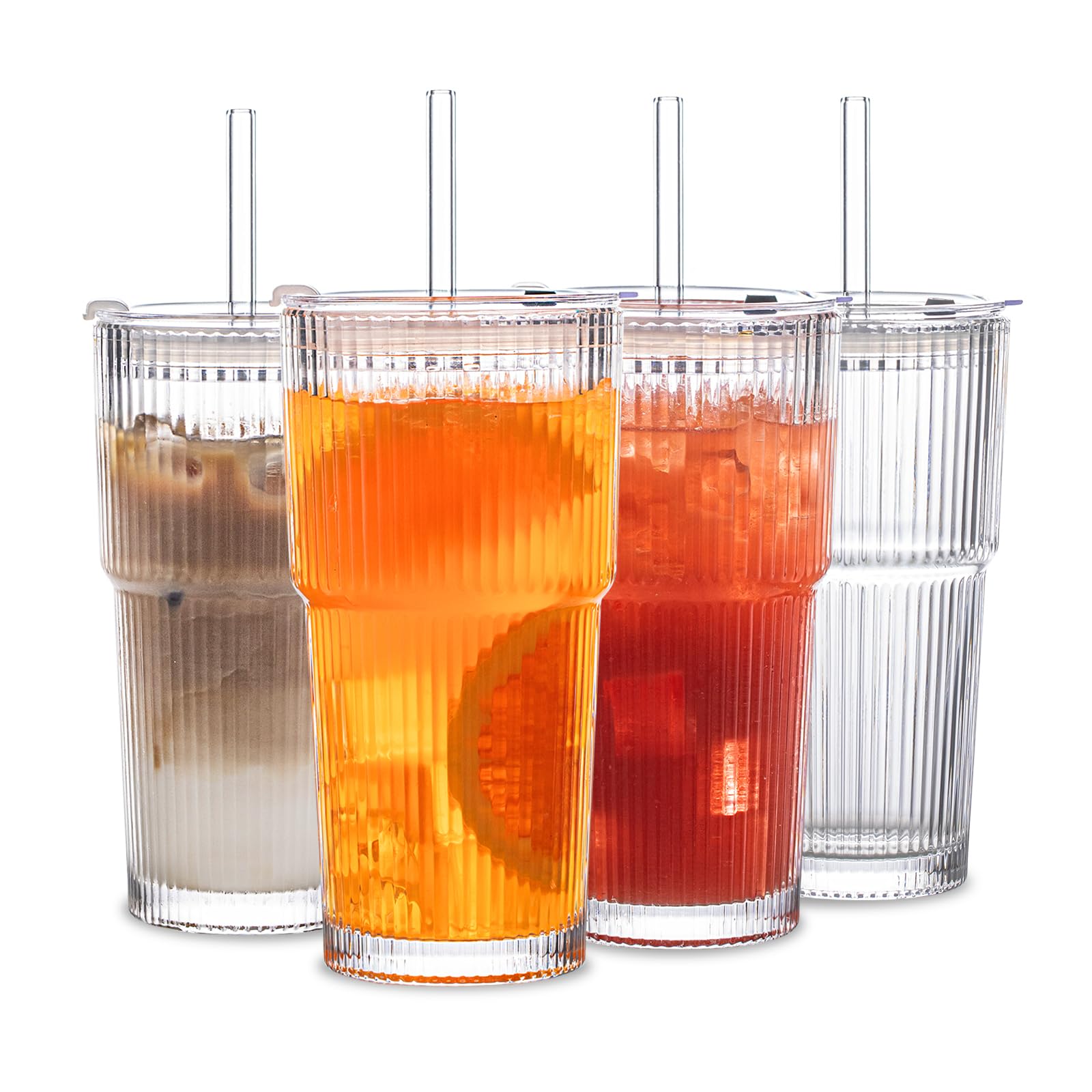 INSETLAN 20 oz Ribbed Glass Tumblers with Lids and Glass Straws – 4-Piece Glassware Set, Thickened Glass, Ideal for Iced Coffee, Smoothies, Cocktails, and Juices – Elegant and Durable Drinkware